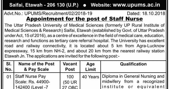 100 staff Nurse Vacancy 2018 UPUMS Saifai, Etawah up University of ...