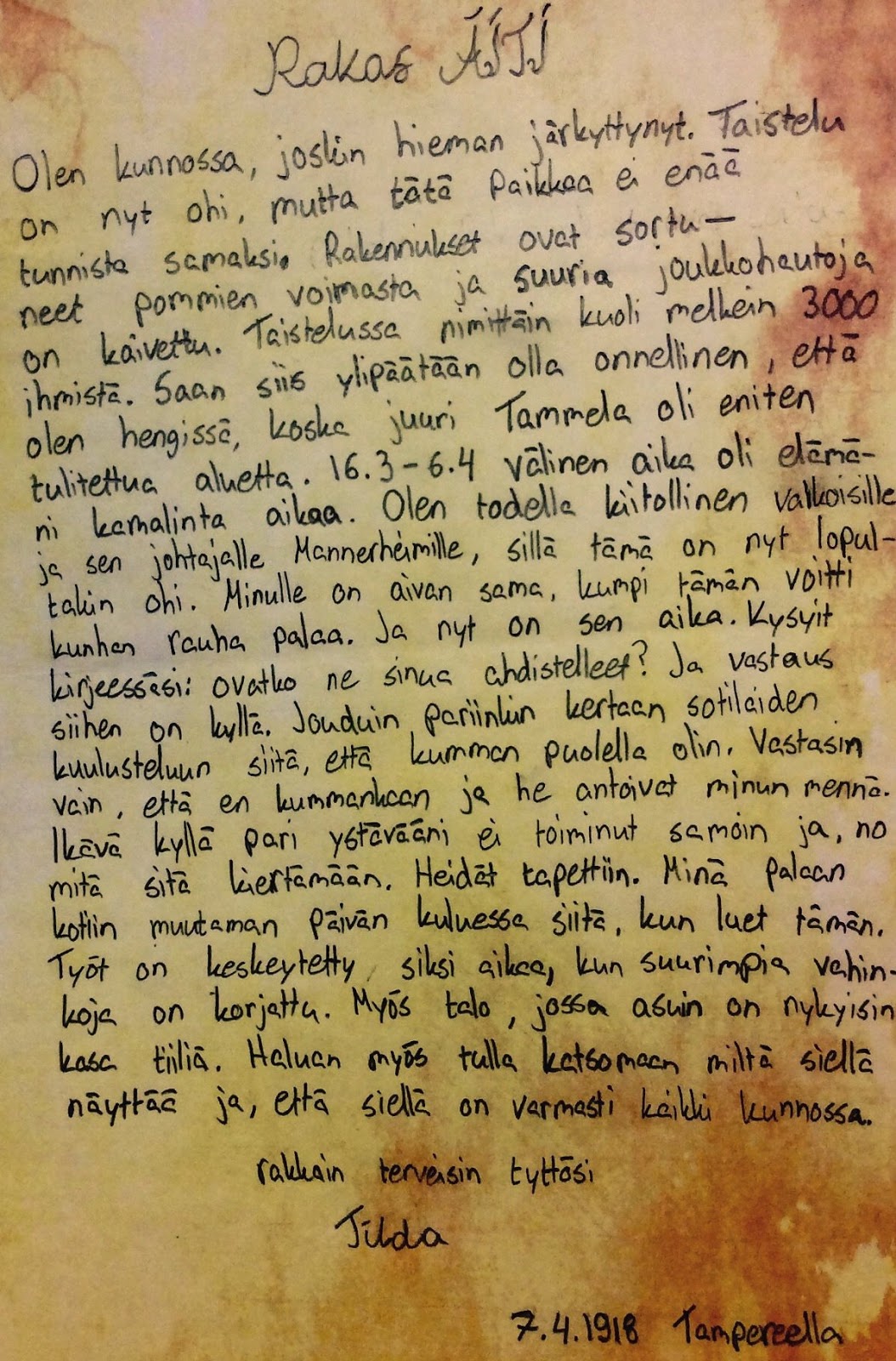 Tornitiellä tapahtuu!: Kirje vuodelta 1918 Tampereen taisteluista