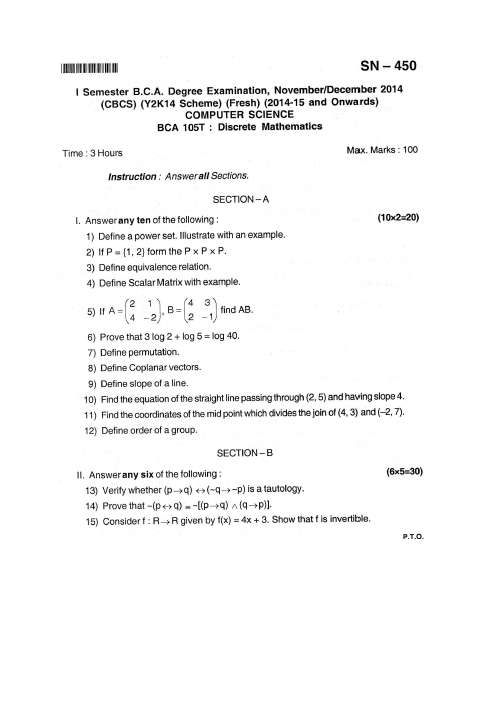 Discrete Mathematics Bangalore University B.C.A 2014 Question Paper ...