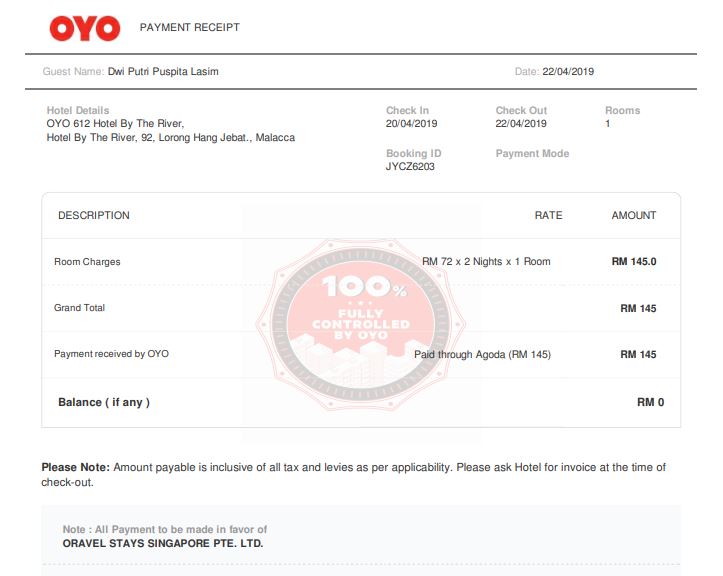 Hotel Gratis di Melaka menggunakan OYO