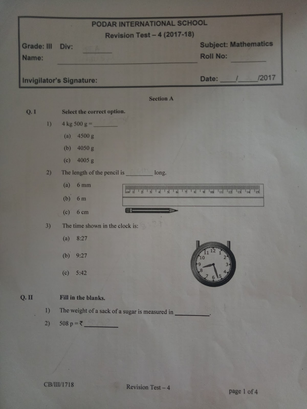 PIS BARODA STD-3: Math Revision Test