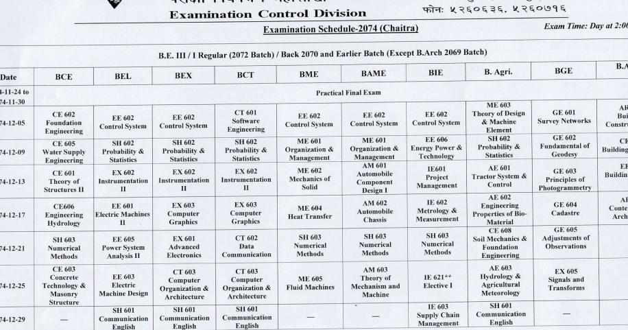 IOE Exam Routine BCE BEX BCT | IOE Notes | Notices | Examination ...