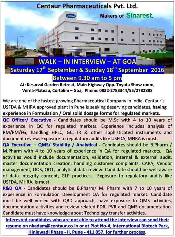 Centaur Pharmaceuticals Pvt. Ltd - Walk-In Interview on 17th & 18th ...
