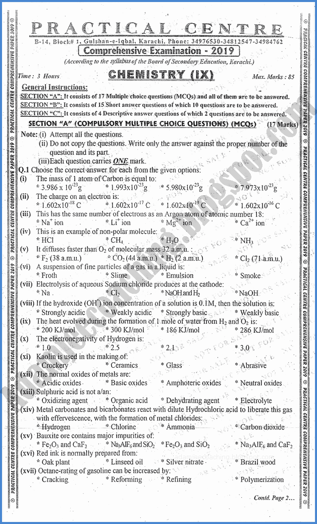 Adamjee Coaching: Chemistry 9th - Practical Centre Guess Paper 2019