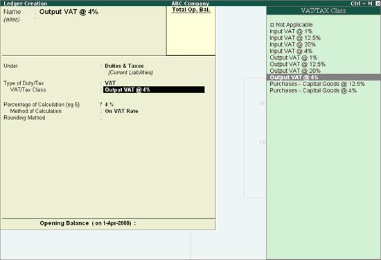 TALLY: CREATING "VAT" LEDGERS