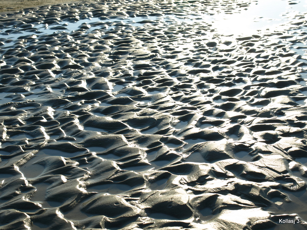 Heimefronten: Bølger og vind skriver sine spor i sand...