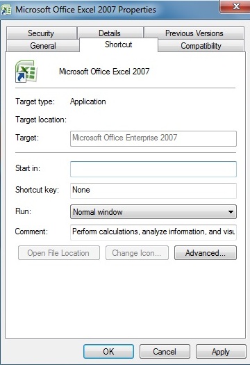 Shortcut tab of Microsoft Office Excel Properties