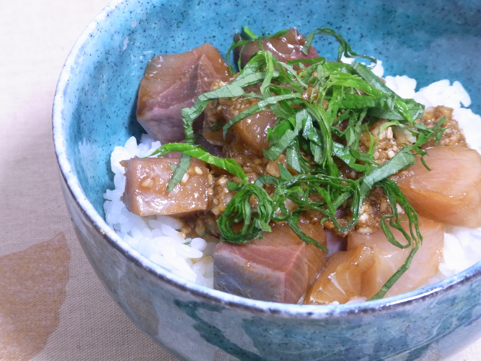 Miso and Yuzu: Sashimi rice bowl with ginger, garlic and sesame