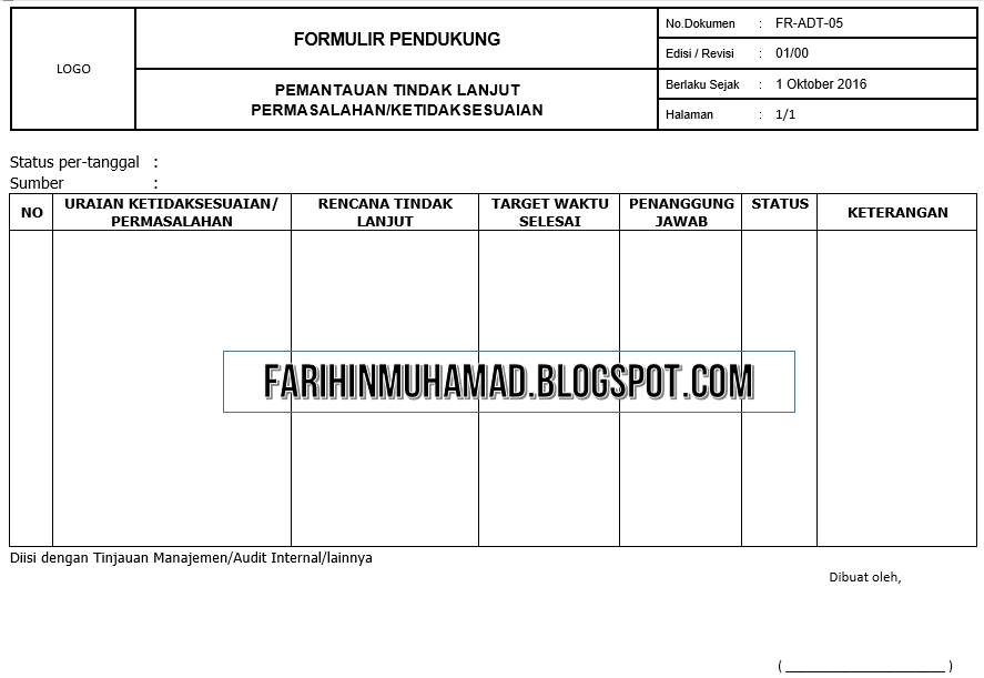 Contoh Form Pendukung SOP Audit Internal