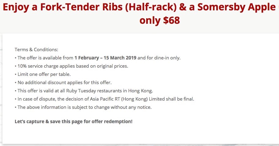 Ruby Tuesday：Half-rack Ribs + Somersby Apple Cider $68（至15/3） ( Jetso ...