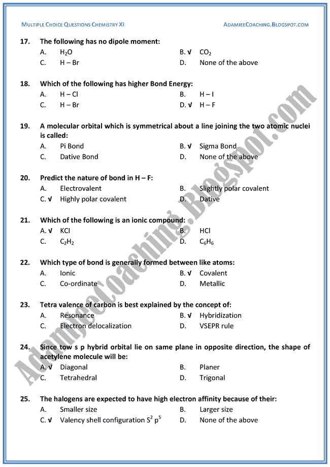 Adamjee Coaching: XI Chemistry MCQs - Chemical Bonding