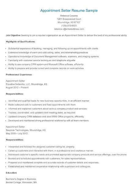 Resume Samples: Appointment Setter Resume Sample