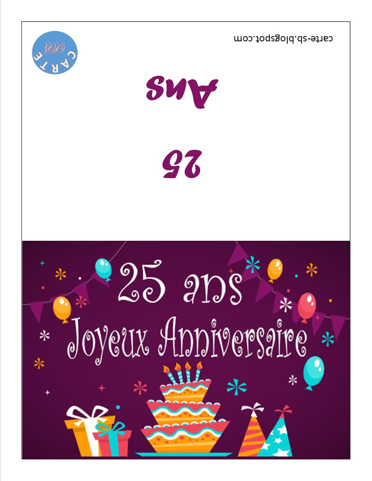 Carte gratuite à imprimer: Carte anniversaire 25 ans à imprimer