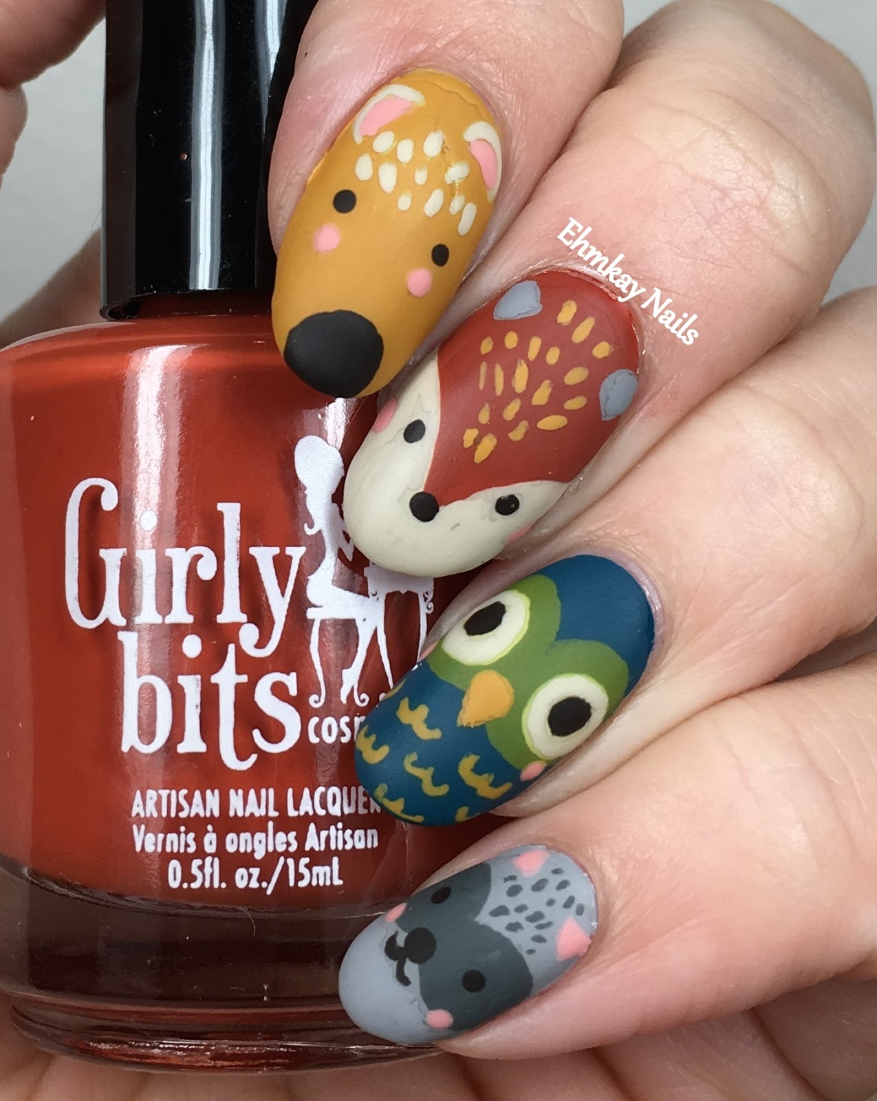 ehmkay nails: Woodland Creatures Nail Art with Girly Bits Autumn Cremes