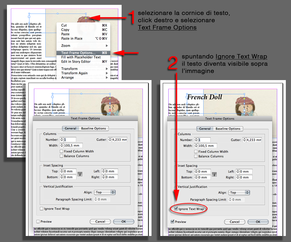 InDesign - Testo su Immagine - Quando usare 'Ignore Text Wrap'