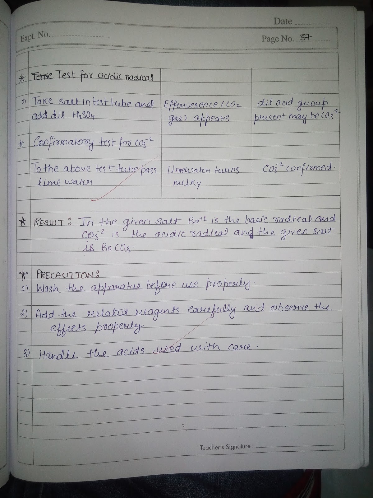 To Detect One Acid And One Basic Radical Salt Experiment : BaCO3 ...