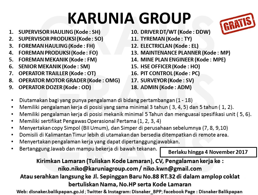 Lowongan Kerja Kota Balikpapan: Lowongan KARUNIA GROUP