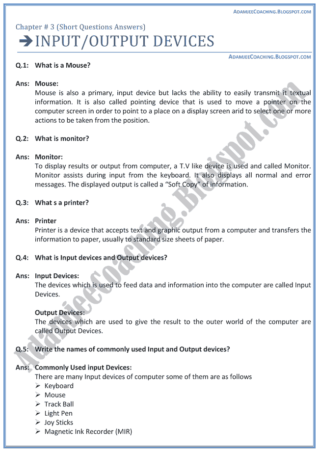 Adamjee Coaching Input Output Devices Short Question Answers Computer Ix