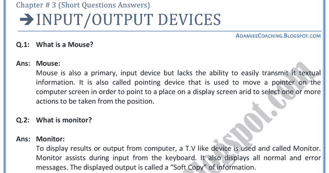Adamjee Coaching Input Output Devices Short Question Answers Computer Ix