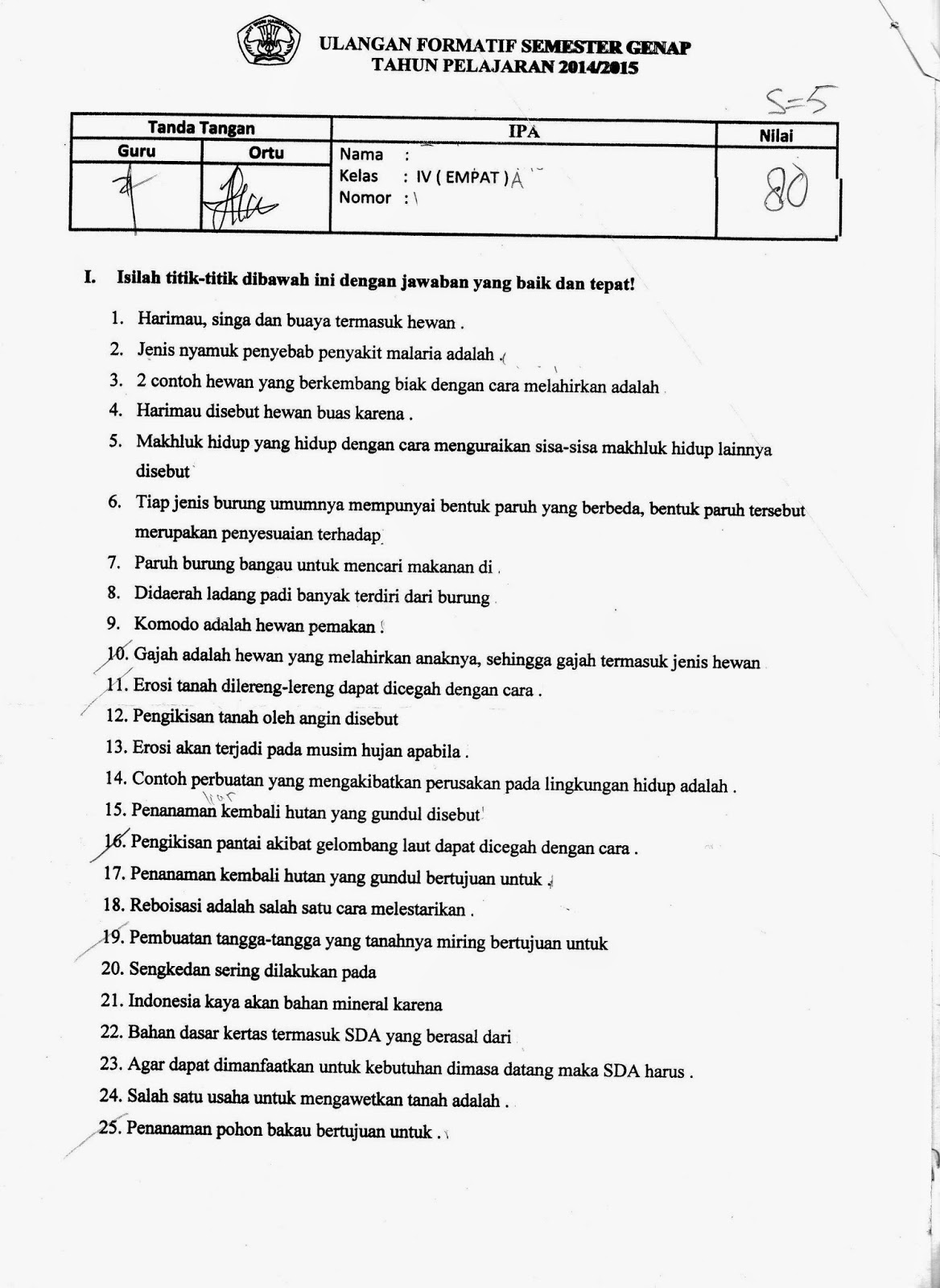 Formarif IPA Kelas 3 SD Semester Genap TA2014-2015 | Sunarto,S.Kom