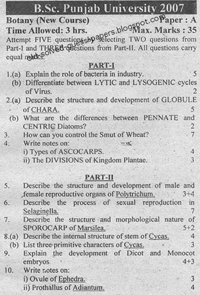 PU B.Sc. Botany Paper A, B, C and D - Old, Solved and Guess Papers