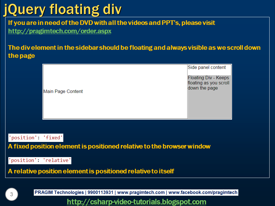 Sql server, .net and c# video tutorial: jquery floating div Sql server, .net and c# video tutorial: jquery floating div