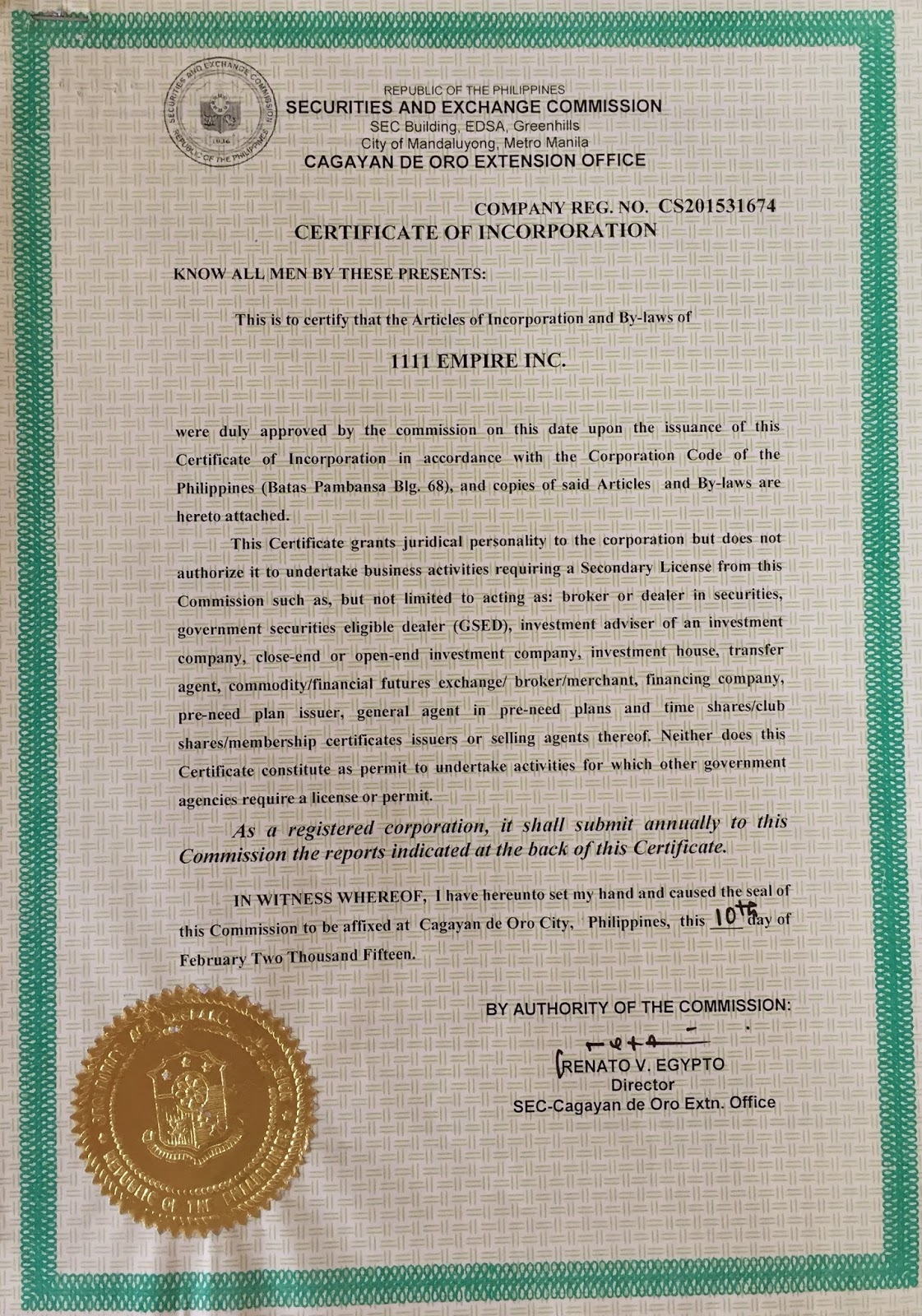 Securities And Exchange Commission Certificate Of Registration