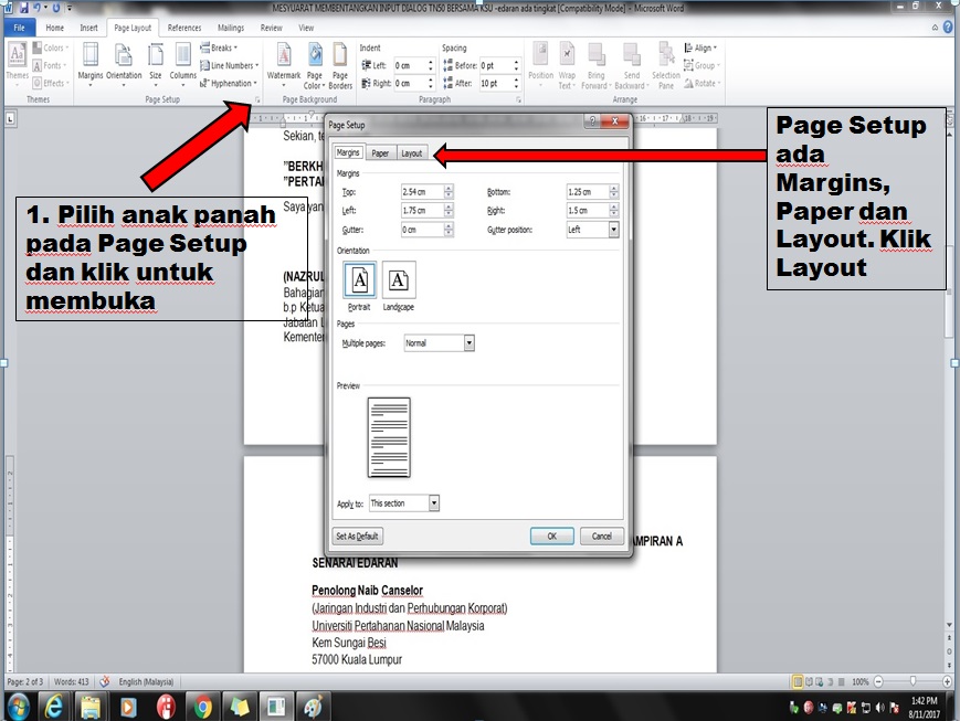 Page Setup ada Margins, Paper dan Layout