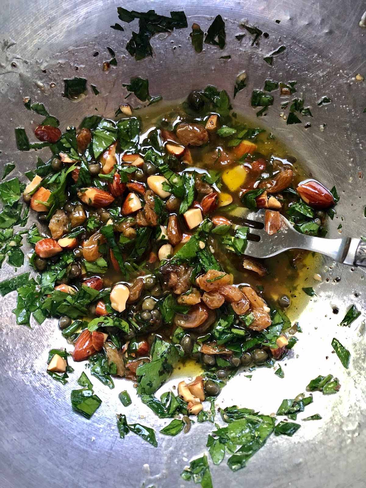 Roasted Cauliflower w/ Caper Raisin Nut Relish