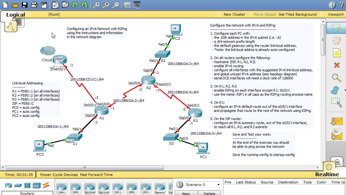 Configuring an IPv6 Network with RIPng using the instructions and ...