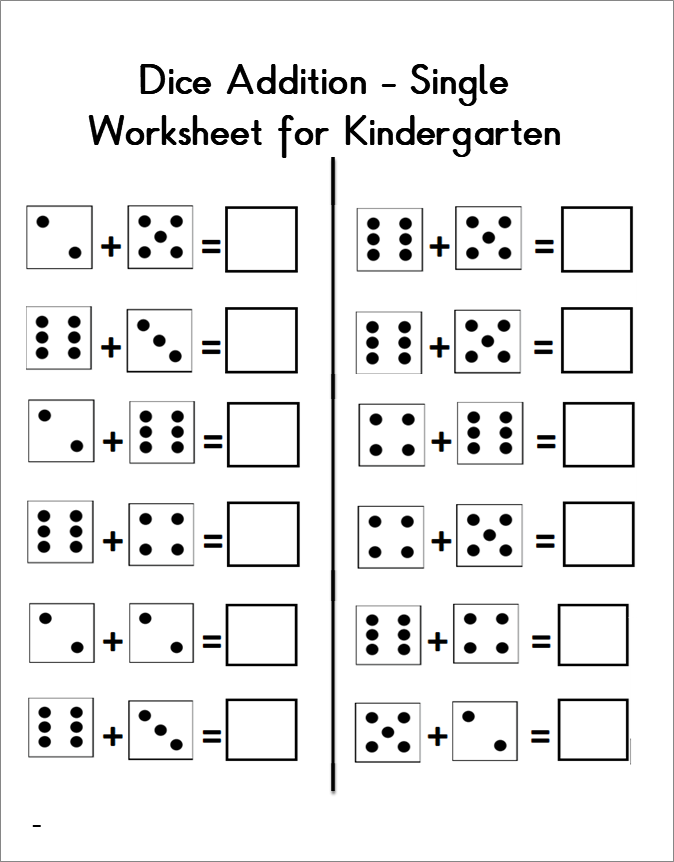Dice Addition - Single Worksheet for Kindergarten