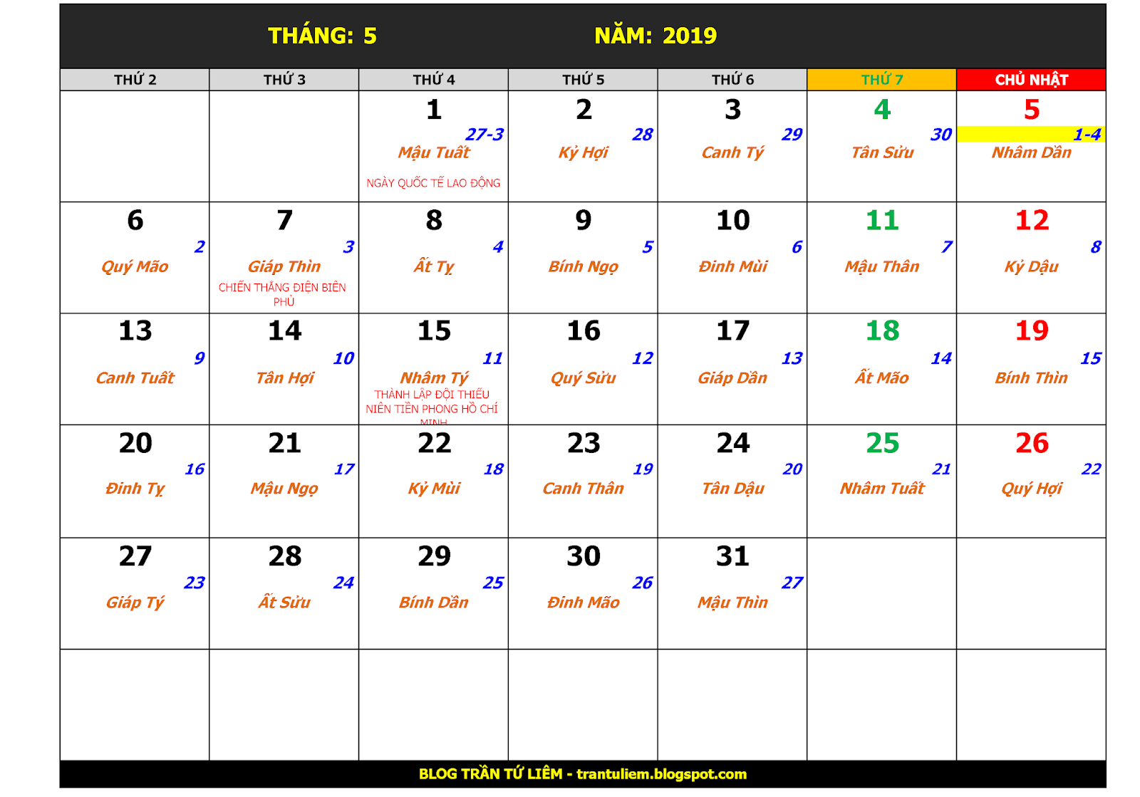 LỊCH VẠN NIÊN NĂM 2019 (LỊCH THÁNG) - Blog Trần Tứ Liêm