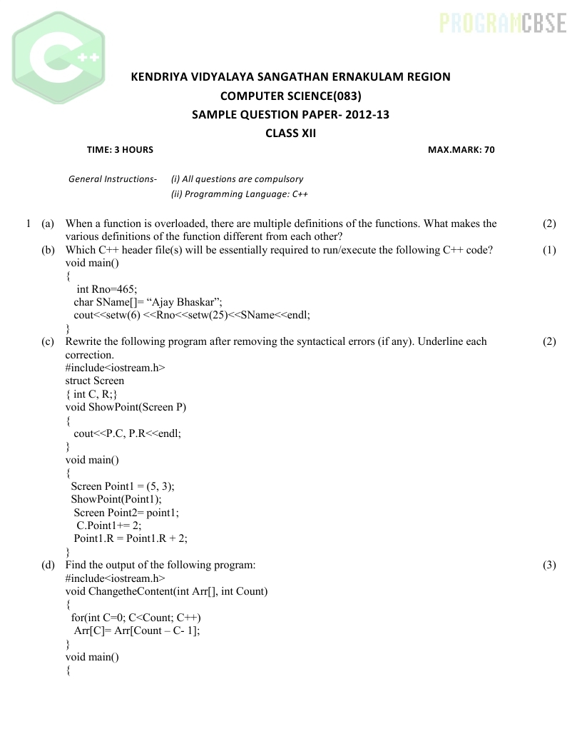 CS-Sample Paper 2013-Unsolved - Welcome Programmer