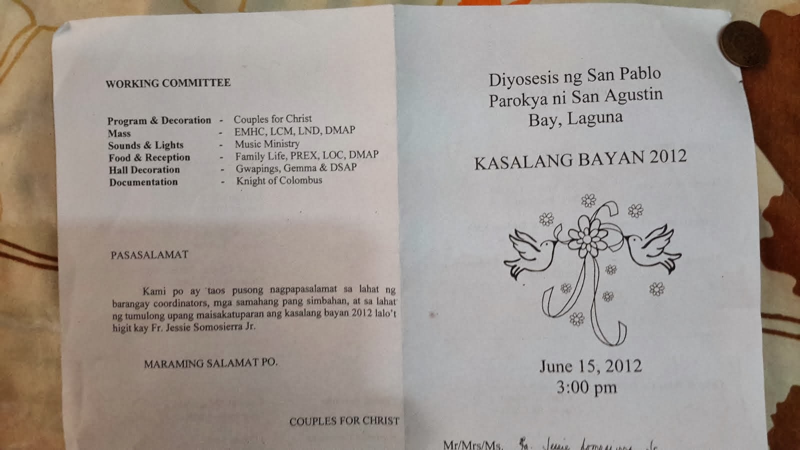 Letters: Kasalang Bayan