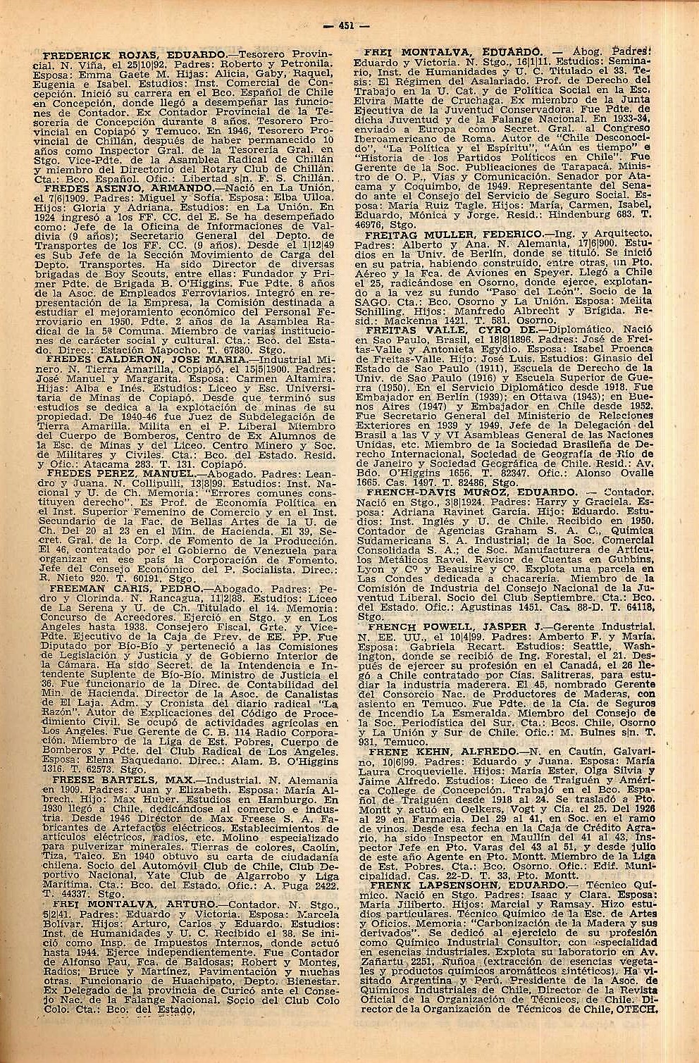 Diccionario Biográfico de Chile 9a Edición 1953: 451 FREDERICK FRENK