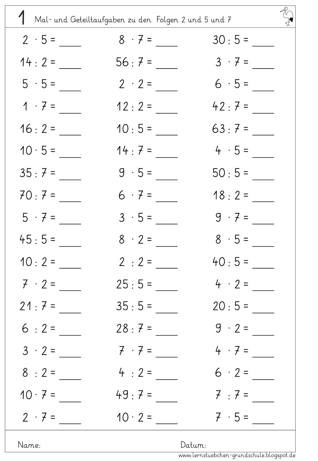 Lernstübchen: Kopfrechenblätter zum Einmaleins (multiplizieren und ...