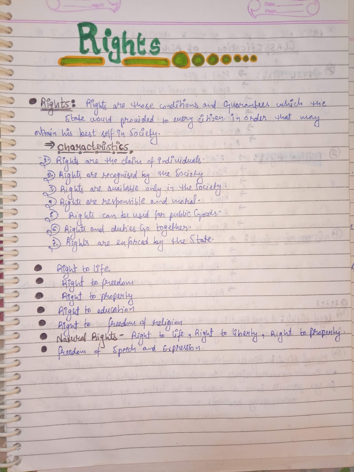 Handwritten Notes of RIGHTS - Political Science - Class 11th 'Humanities'