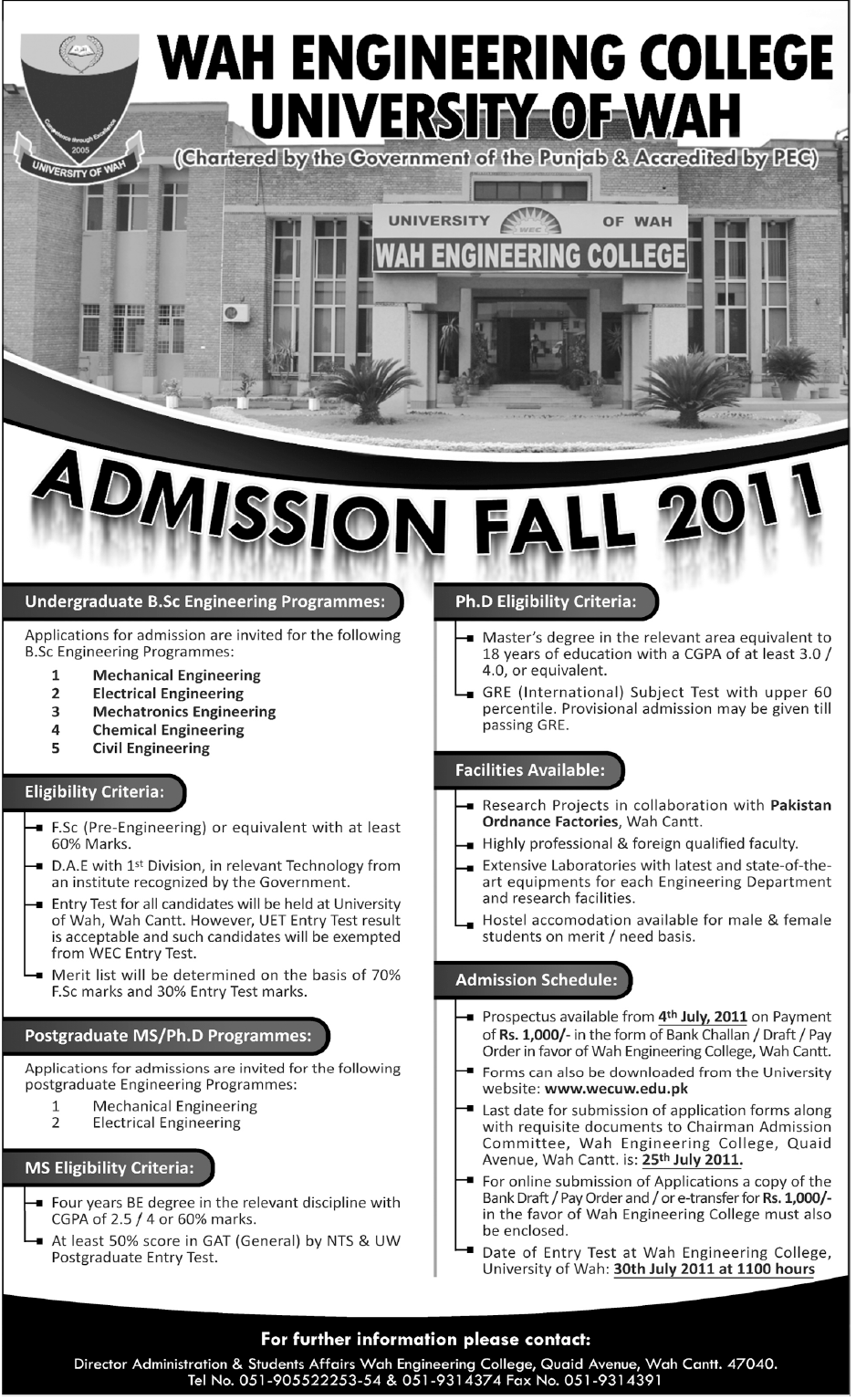 Admission in Pakistan: WAH Engineering College University of WAH ...