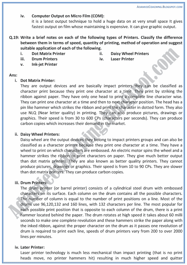 Adamjee Coaching: Input Output Devices - Descriptive Question Answers ...