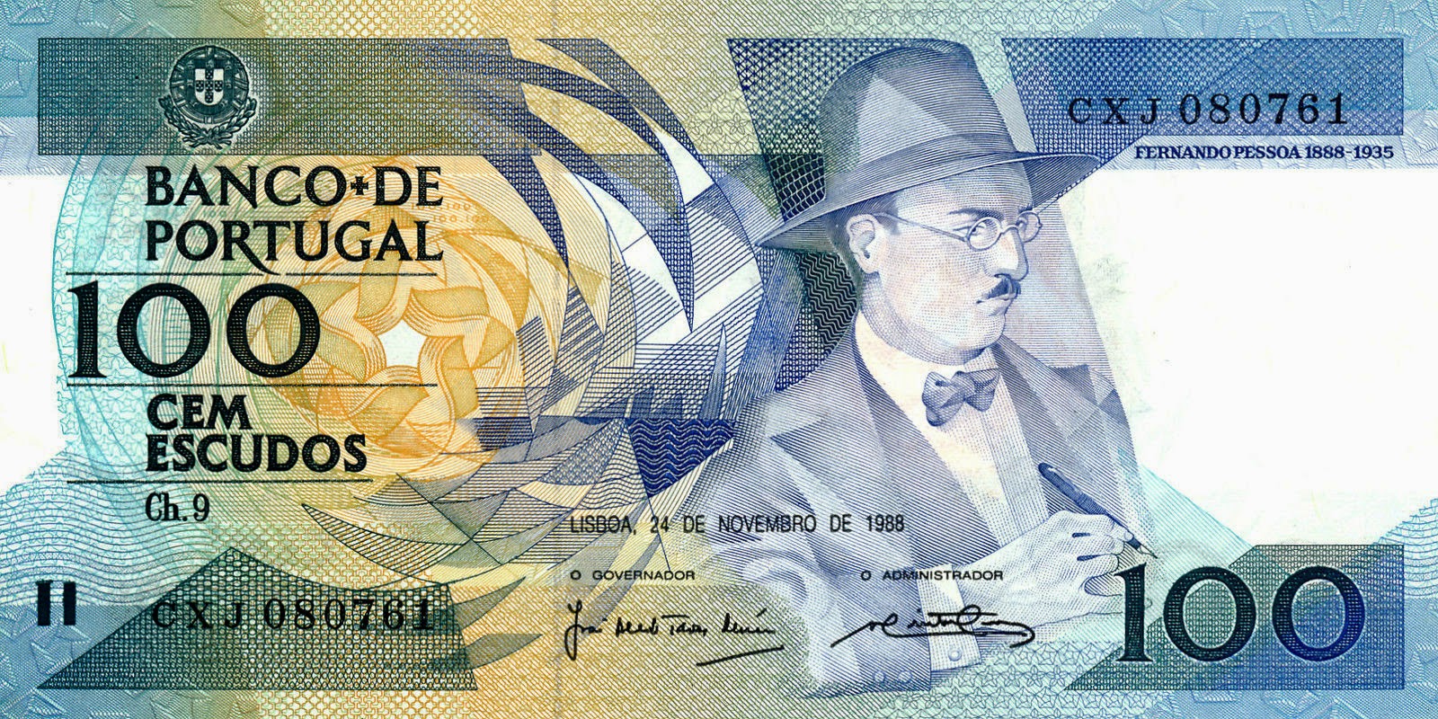 Portugal 100 Escudos banknote 1988 Fernando Pessoa|World Banknotes ...