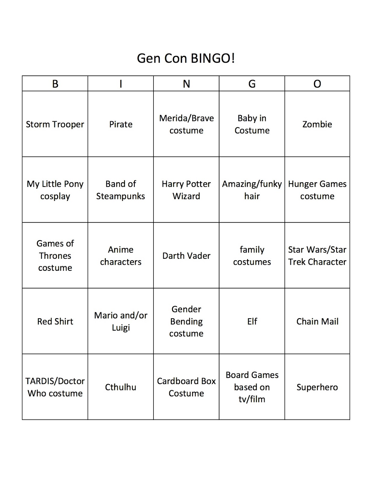 House Eller: Annual Gen Con BINGO card