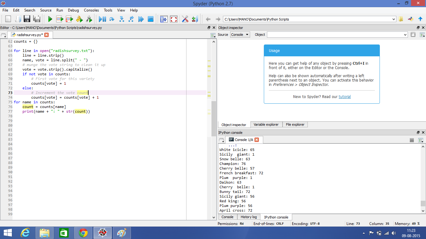 data sceptre: PYTHON PROGRAMMING- 1 ( RADISH SURVEY)