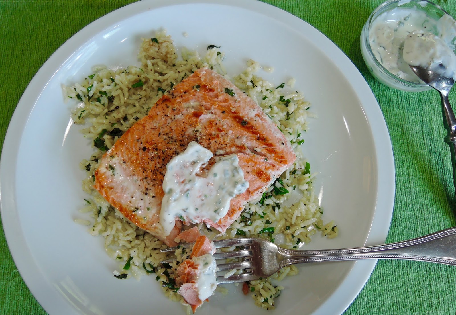 The Briny Lemon: Yogurt-Marinated Grilled Salmon over Herbed Rice