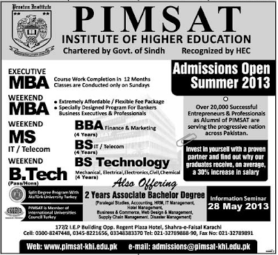 PIMSAT Admissions Open Summer 2013 BBA BS MBA MS B.Tech
