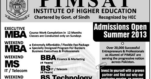 PIMSAT Admissions Open Summer 2013 BBA BS MBA MS B.Tech
