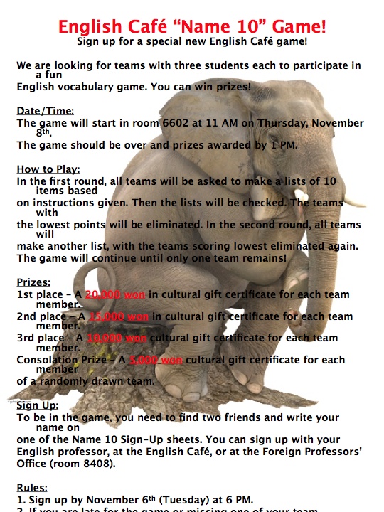 dsu english cafe: Name 10 game