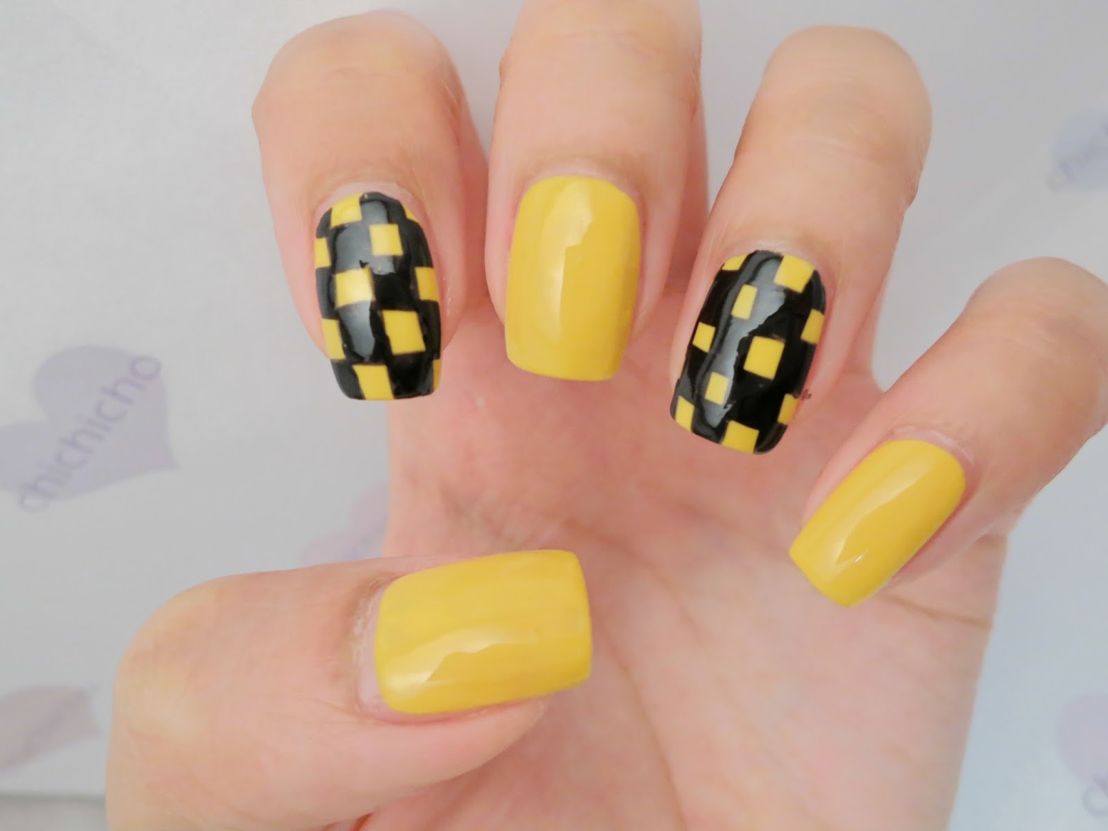 Black and Yellow Checker Nail Art - chichicho~