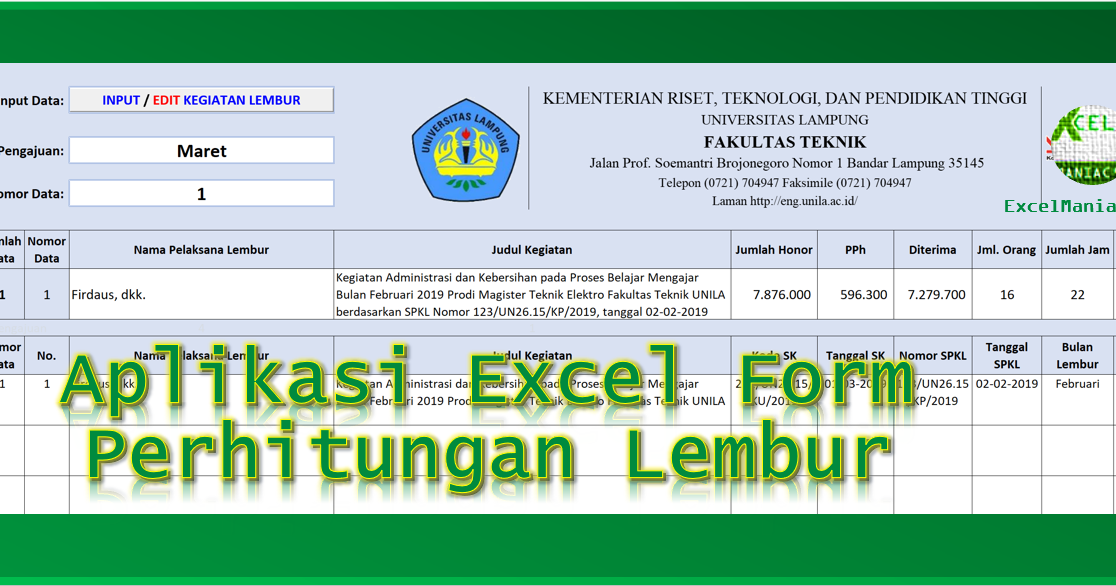Aplikasi Excel Form Perhitungan Lembur - ExcelManiacs