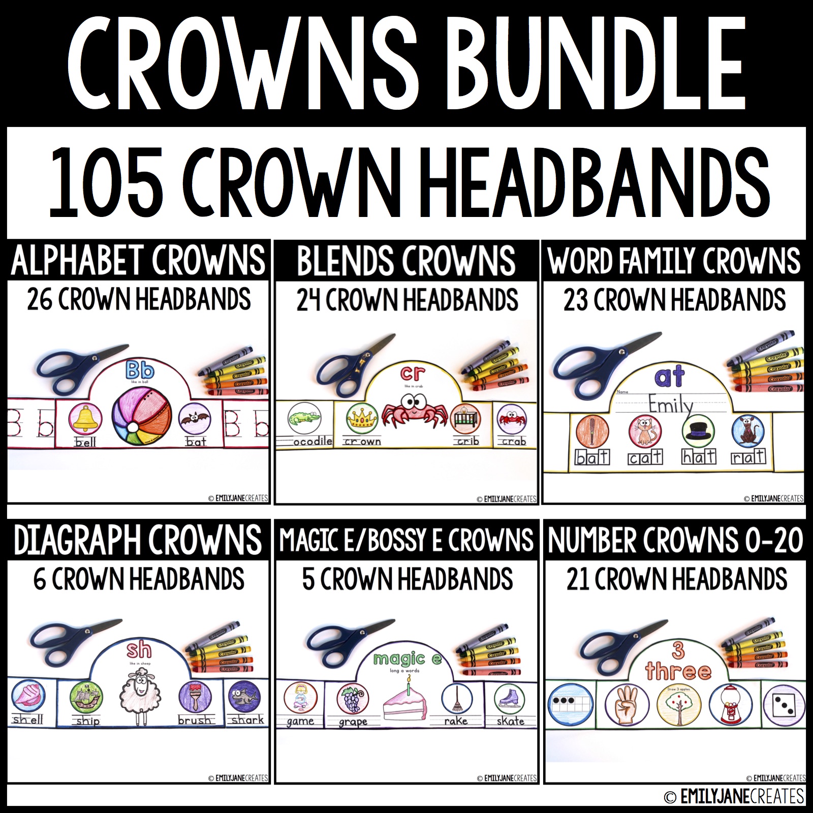 Emily Jane Creates: CROWN HEADBANDS-Alphabet, Blends, Digraphs, Magic e ...