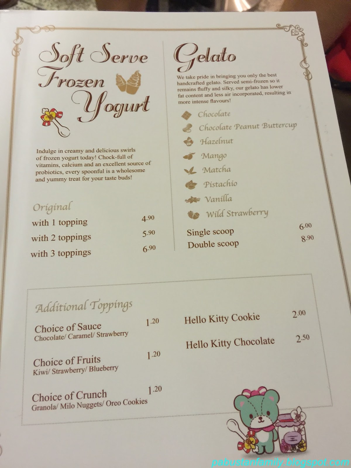 Family Travelogue: Hello Kitty Cafe Singapore MENU
